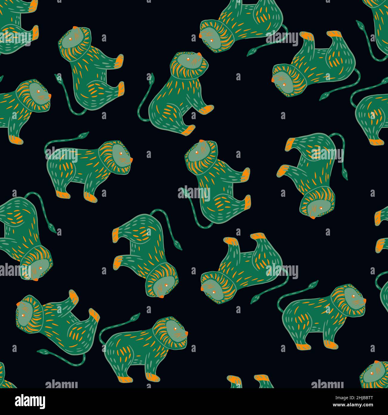Green random lion print seamless pattern in childish style. Black ...
