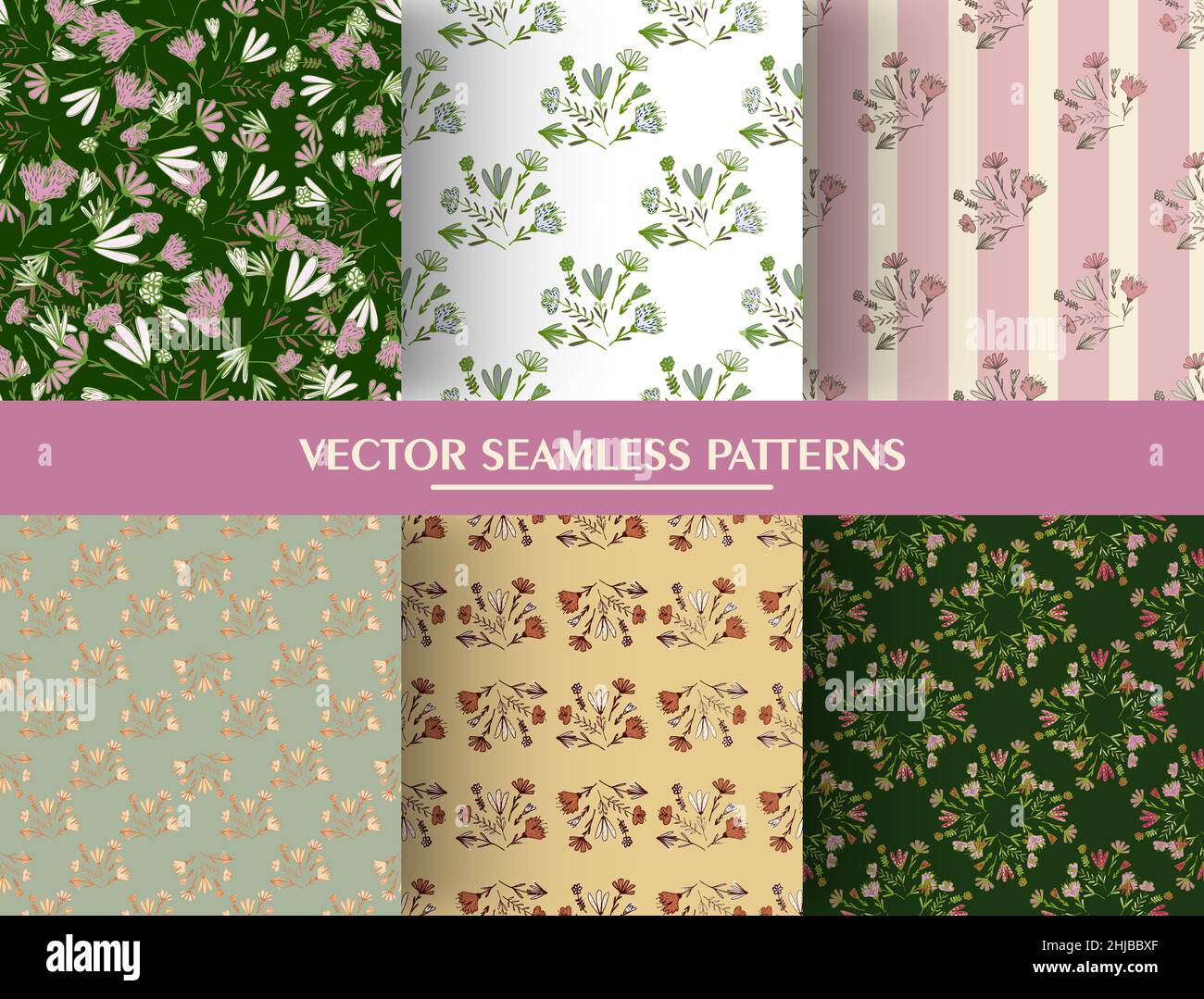 Set of seamless pattern with botanical flower bouquets ornament. Hand ...