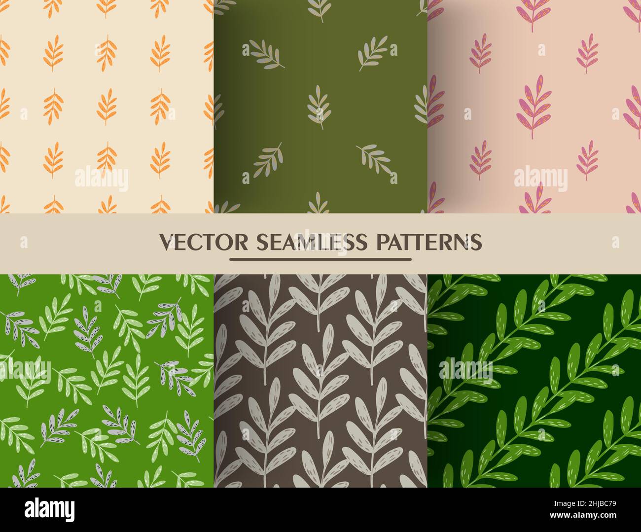 Set of seamless botanic pattern with simple branches silhouettes ...