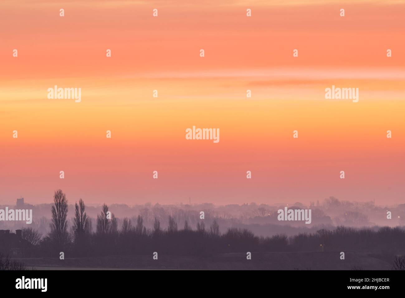 The south East Kent landscape under a red sky at dawn's first light ...