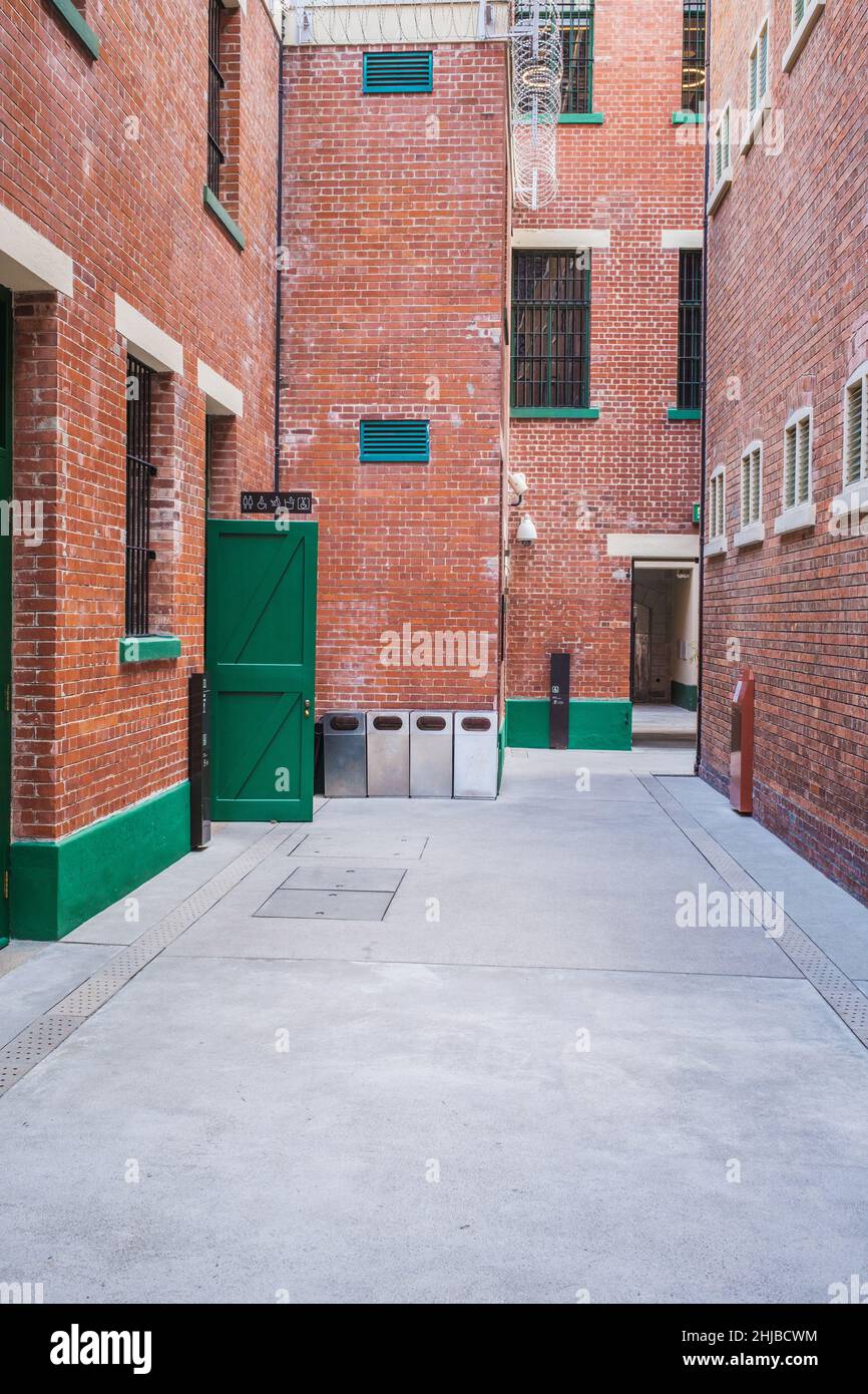 Wall and interior of a old building, previous police station and prison ...