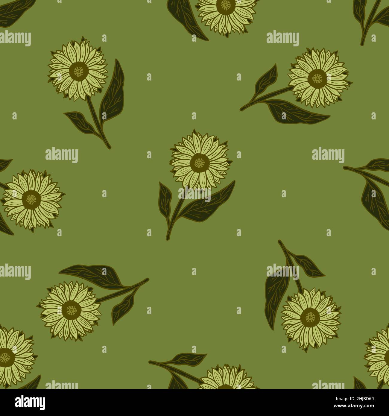 Green olive seamless pattern with contoured outline sunflowers ...