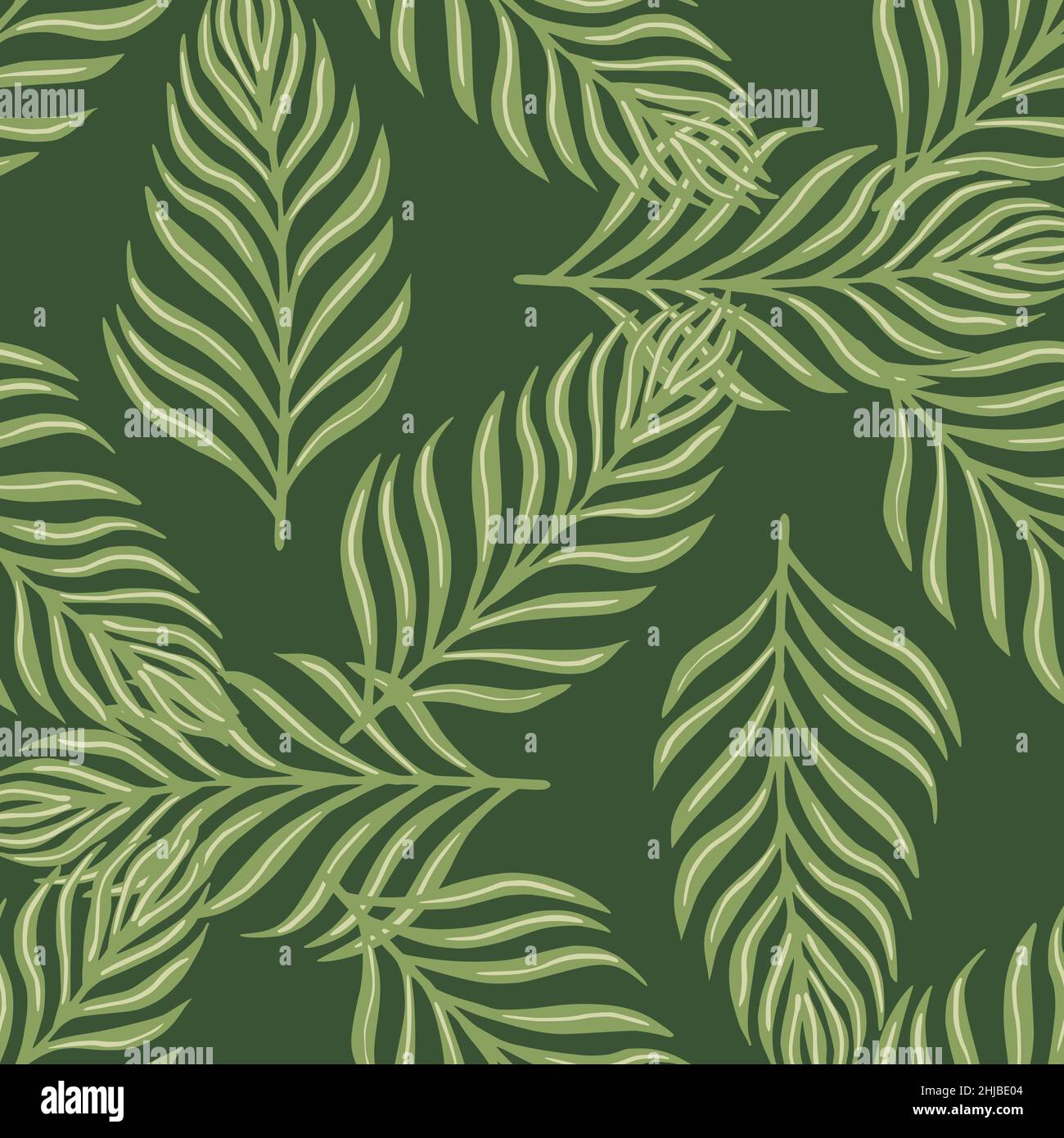 Seamless random pattern with botanic tropical fern leaf ornament. Green background. Doodle style ...