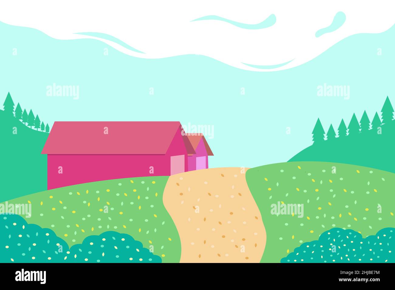 Flat vector illustration Panorama landscape of spring house with green ...