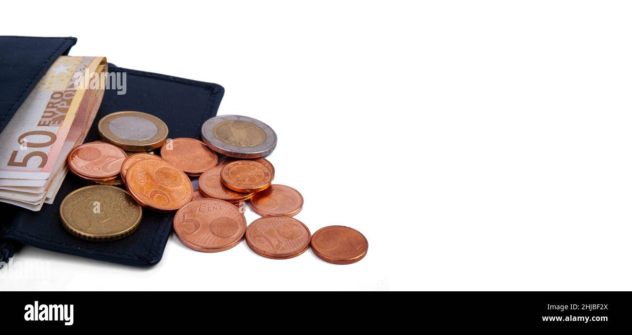 wallet with euro bills and small change on a white background Stock ...