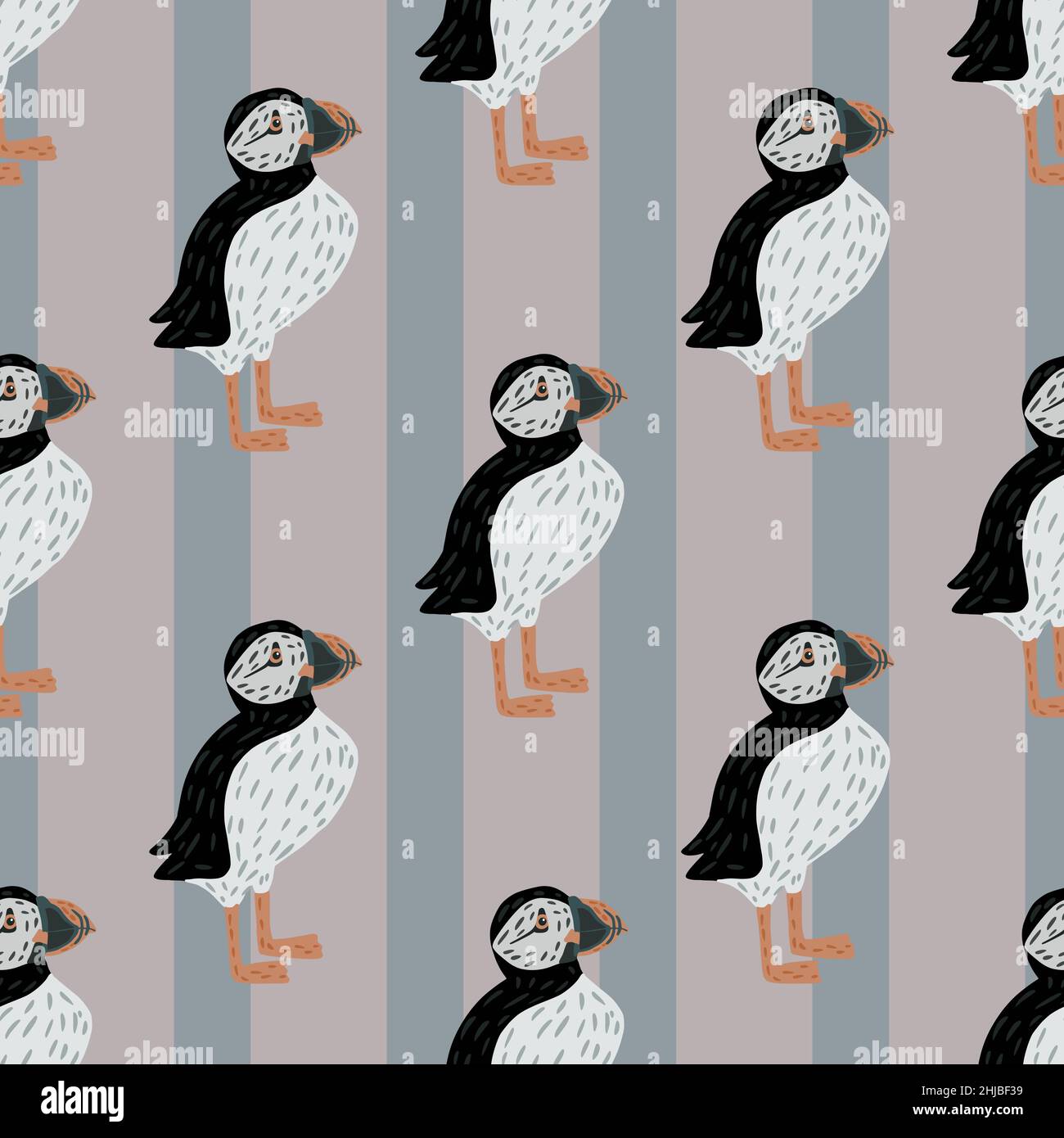 Arctic animal seamless pattern with hand drawn doodle puffin bird ...