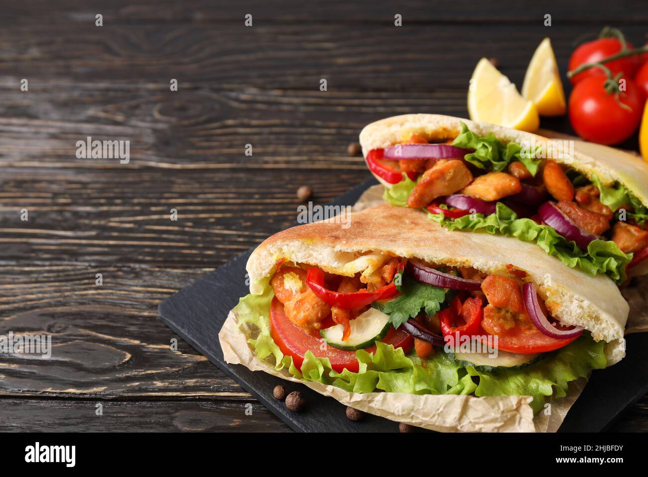 Concept of tasty food with pita with chicken, space for text Stock ...