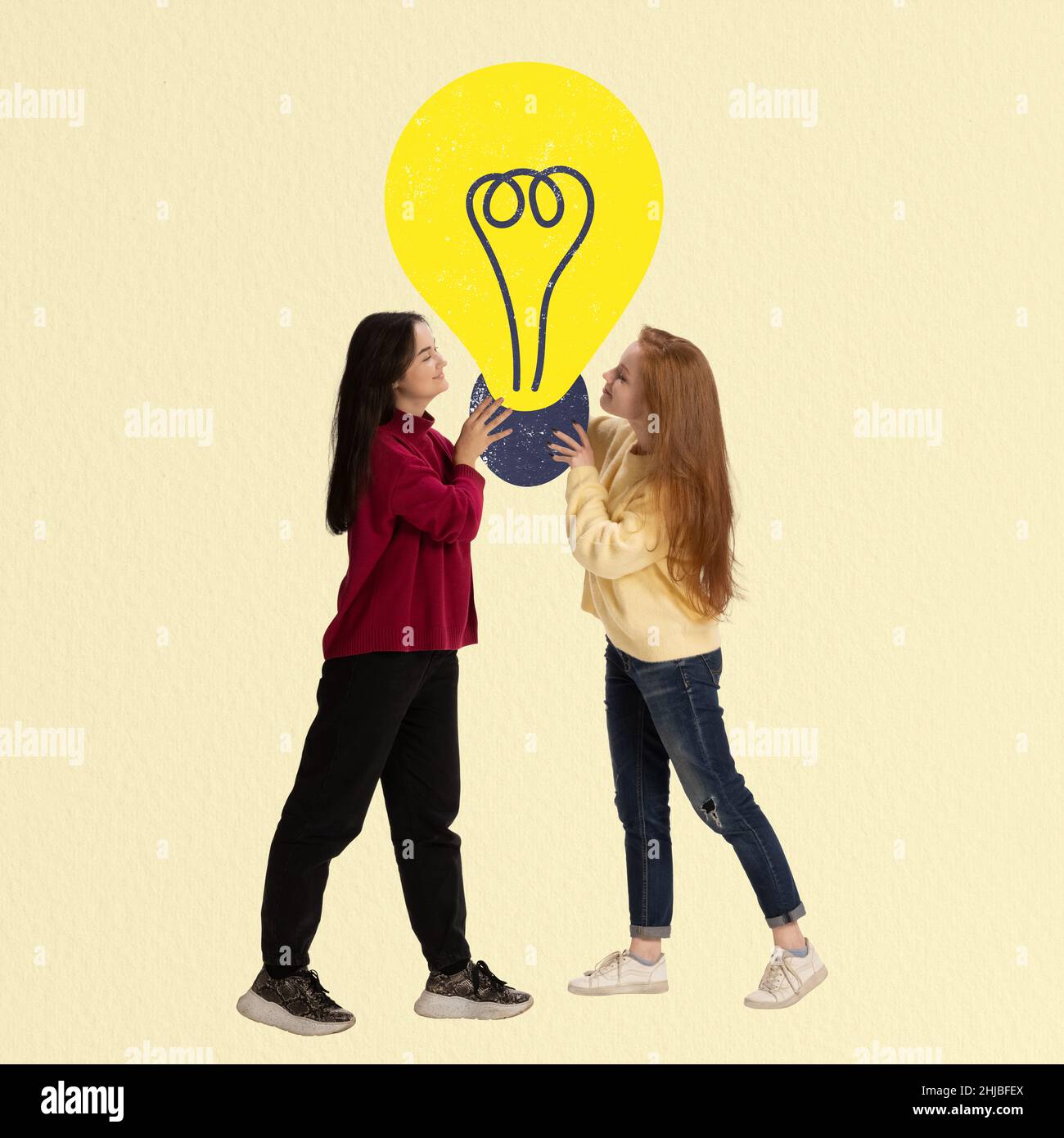 Contemporary art collage. Two young girls holding big lightbulb ...