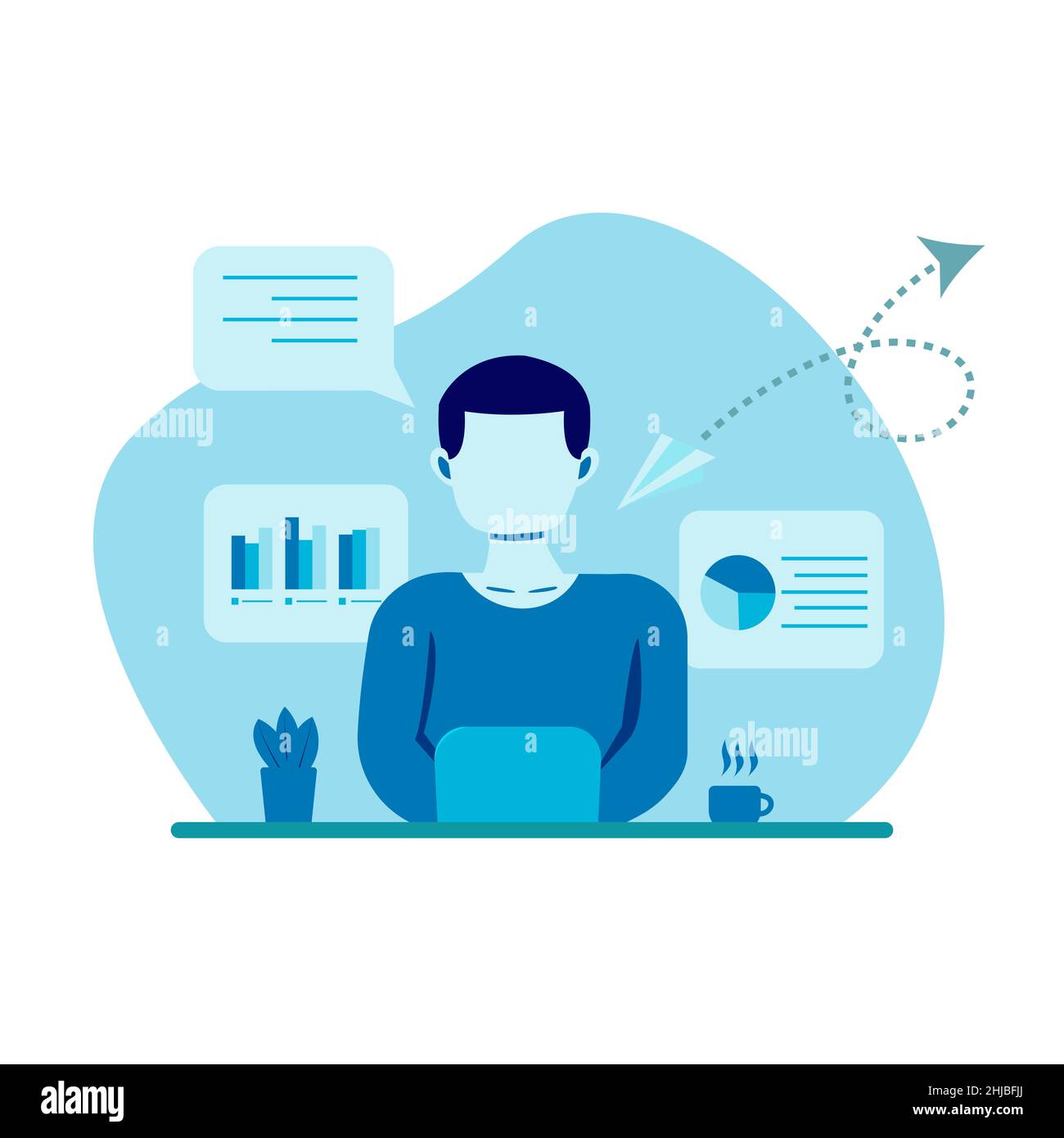 Vector illustration of a man working at a computer Stock Vector Image ...
