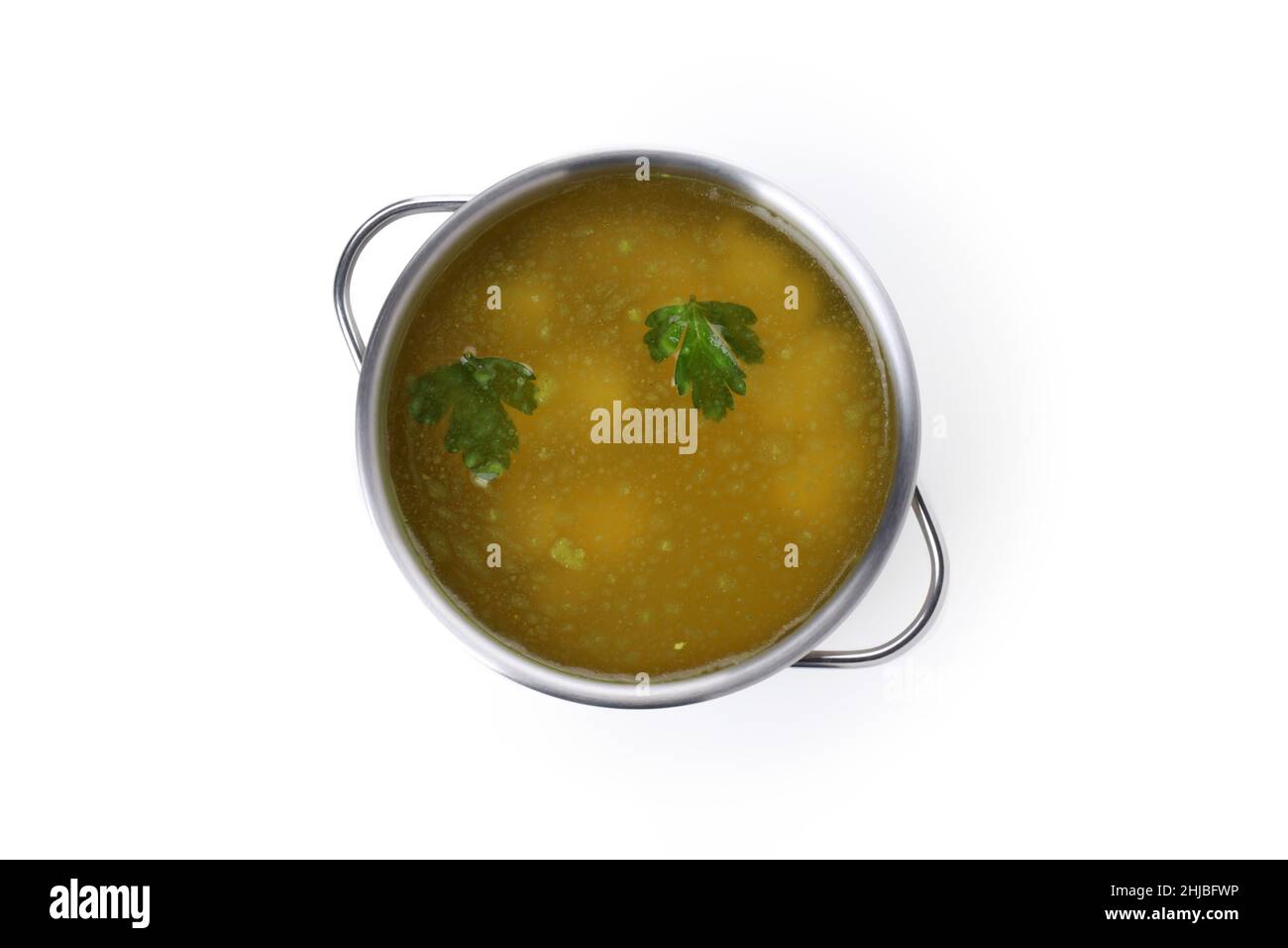 Pan with chicken soup or broth isolated on white background Stock Photo ...