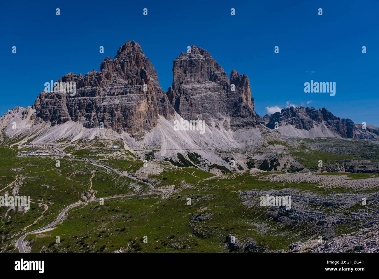 The mountain hut Rifugio Auronzo, located at the foot of the south ...