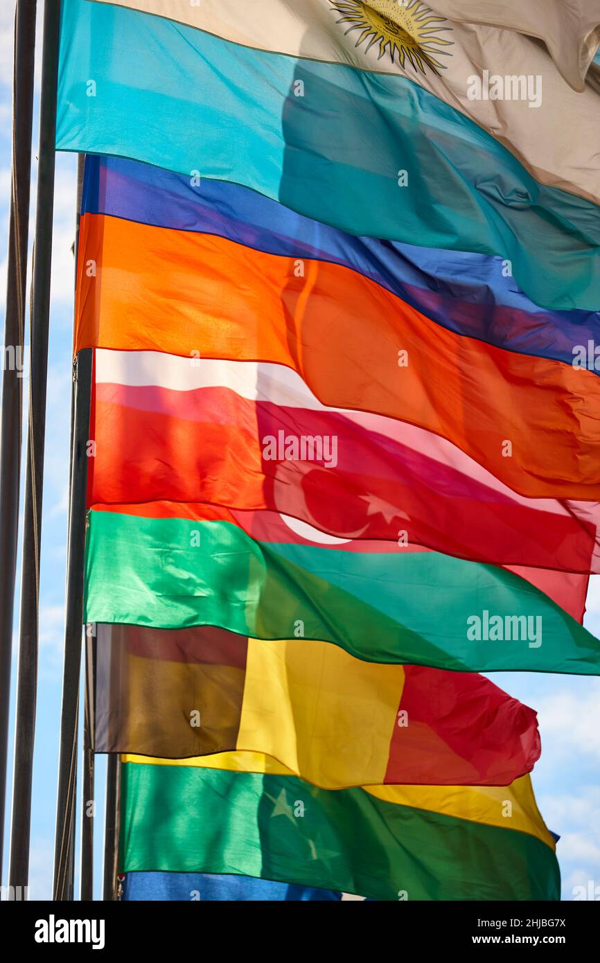 Flags of the word waving in the wind. Nation emblems Stock Photo - Alamy