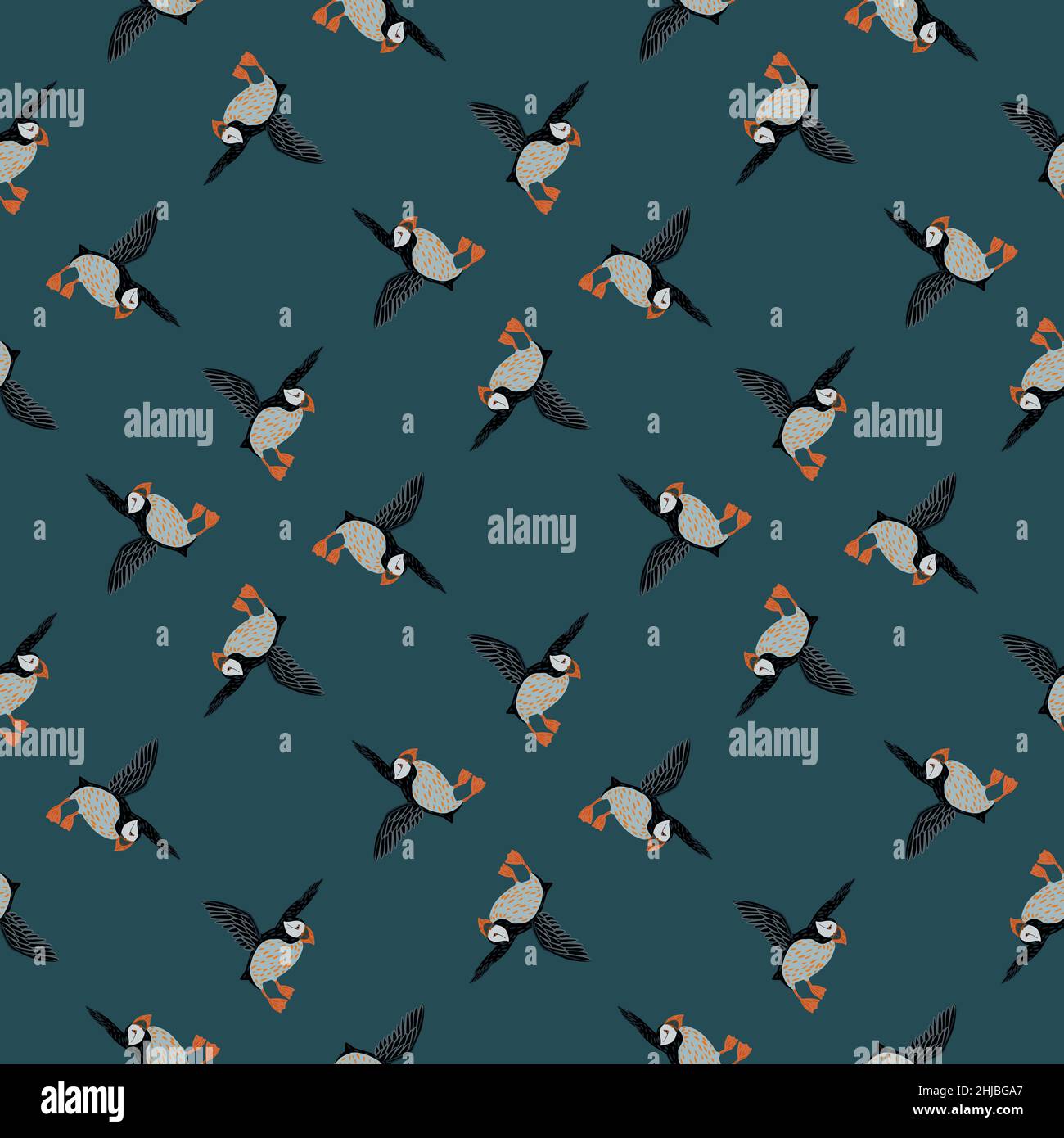 Geometric abstract seamless pattern with hand drawn cartoon puffin ...