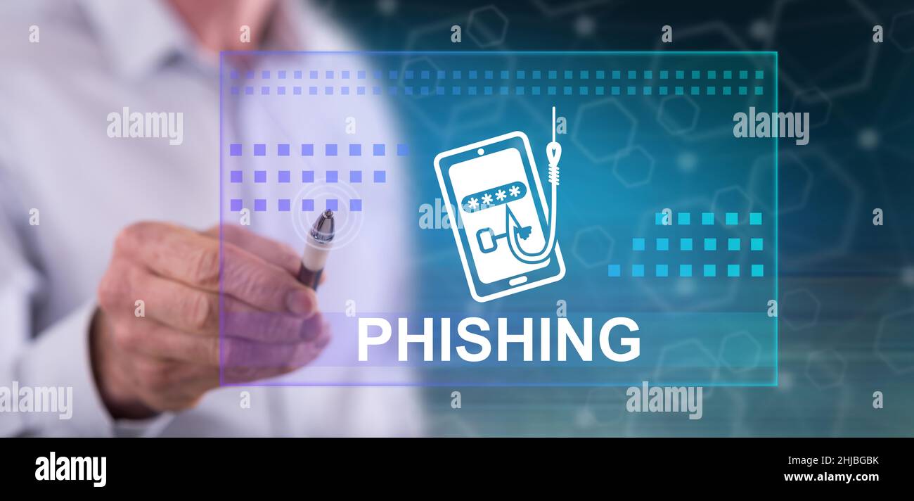 Man touching a phishing concept on a touch screen with a pen Stock ...