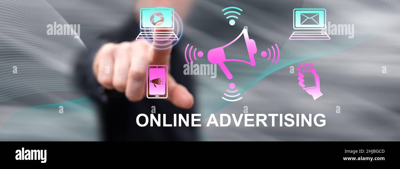 Man touching an online advertising concept on a touch screen with his ...