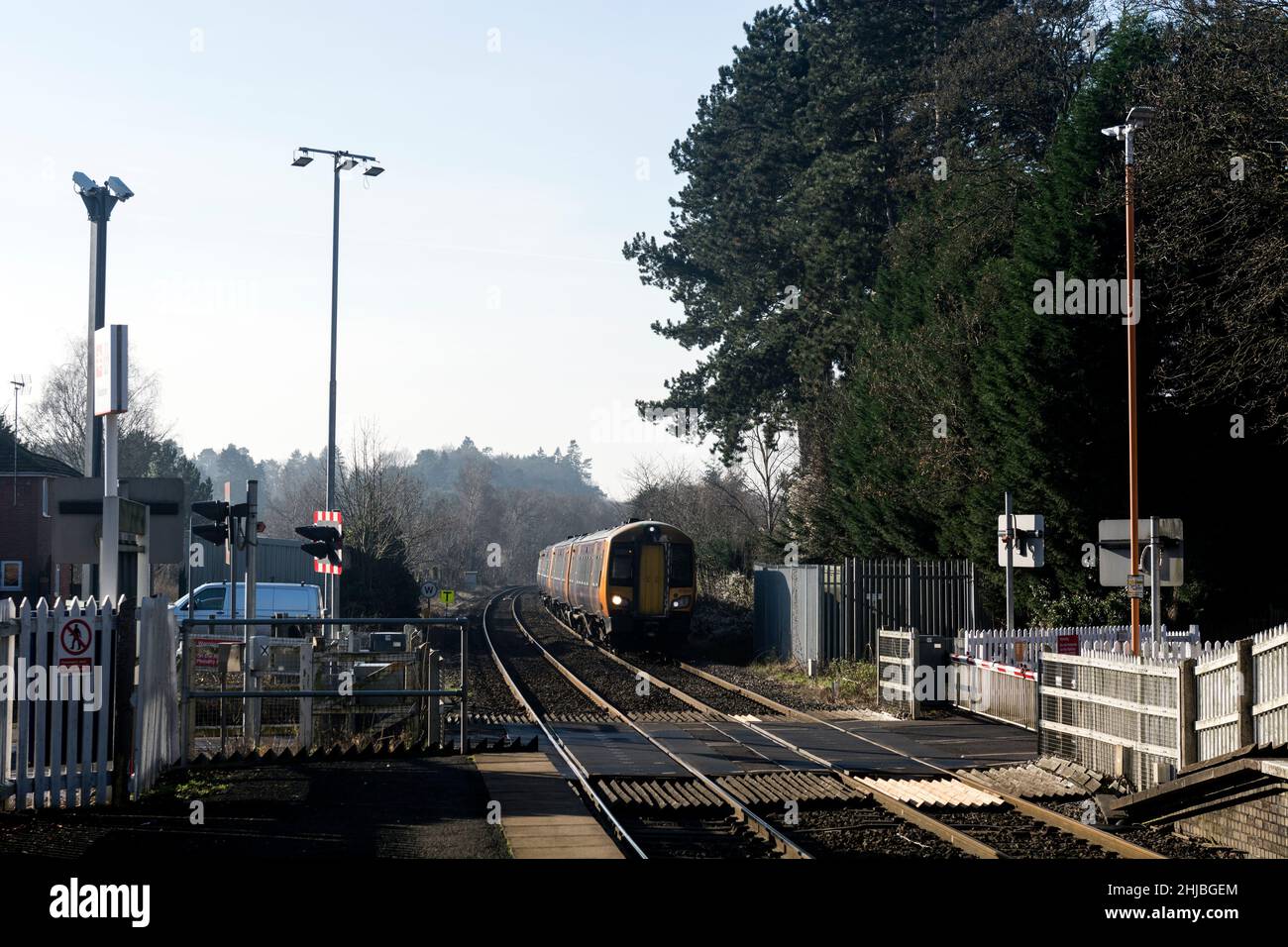A West Midlands Railway train arriving at Blakedown railway station ...
