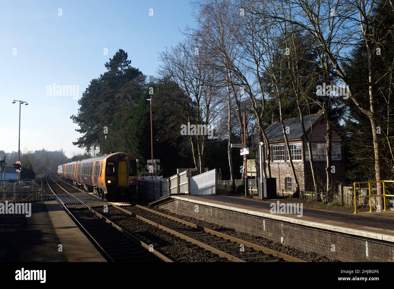 A West Midlands Railway train arriving at Blakedown railway station ...