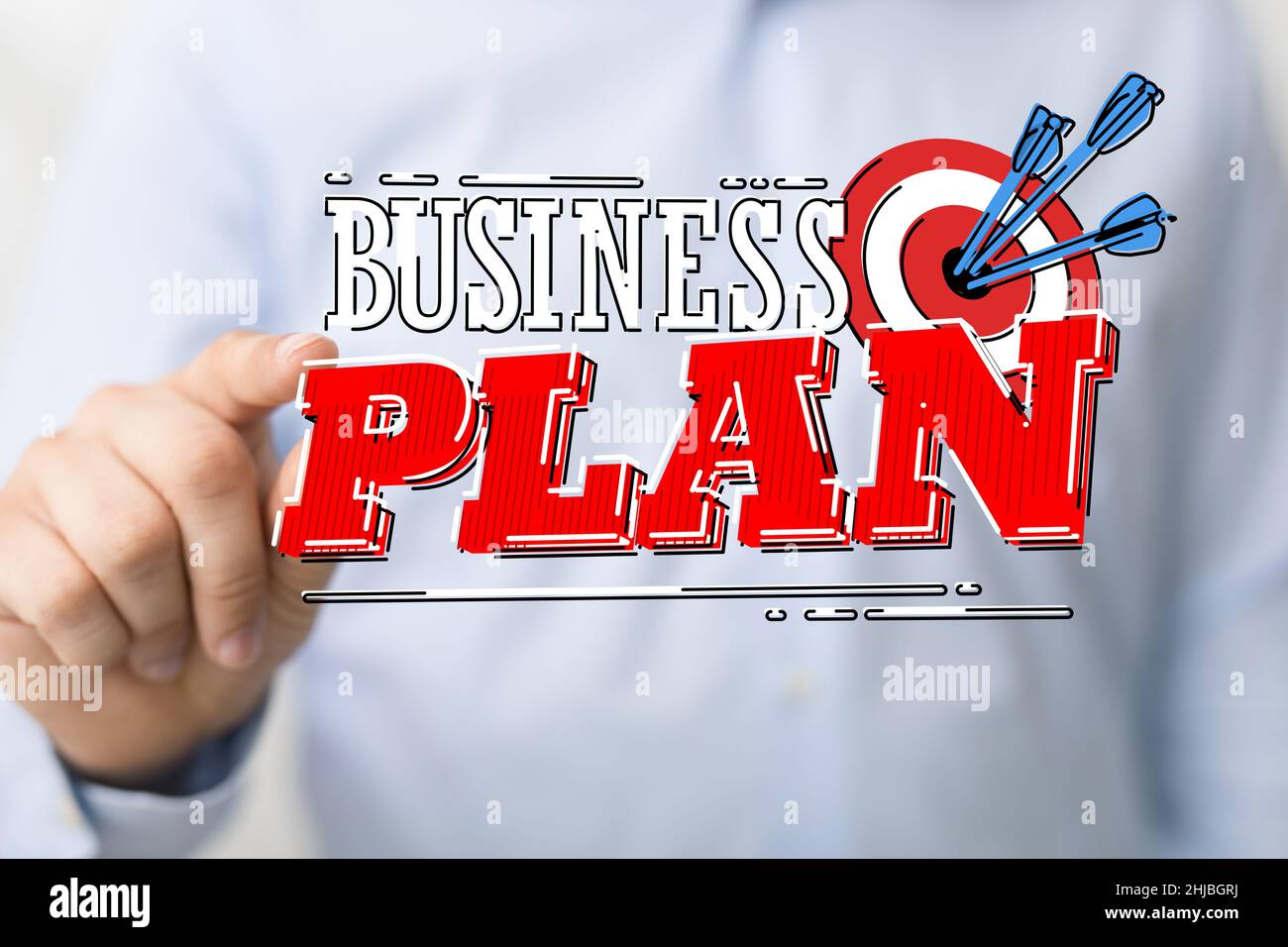 Person presenting a 3D render of Business Plan sign Stock Photo - Alamy