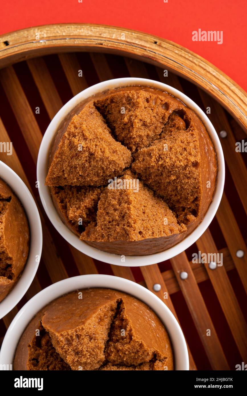 Close up of delicious fresh Chinese steamed sponge cake named Fa Gao ...