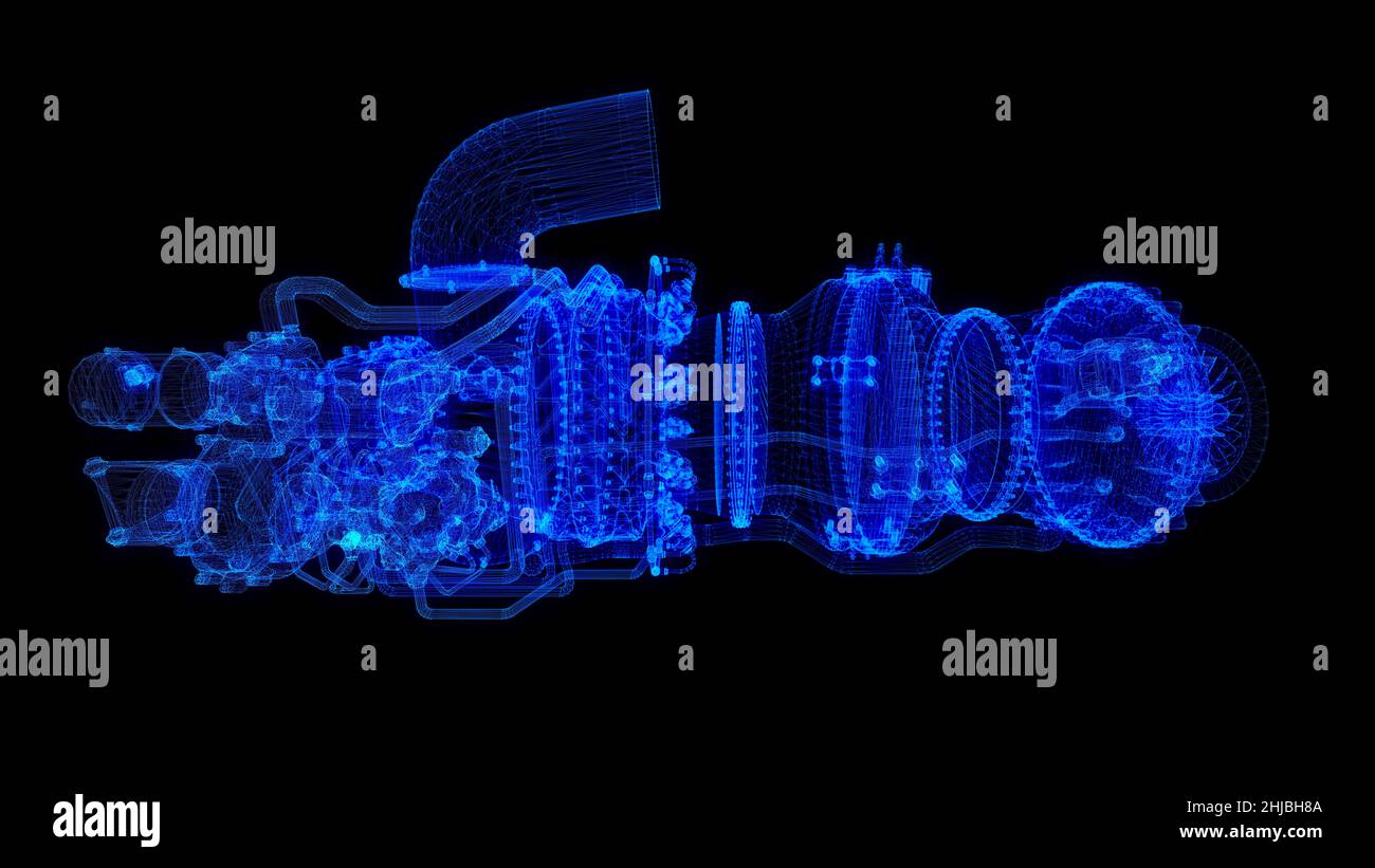 Gas turbine engine. Blue particle and lines form 3d model. 3d rendering ...
