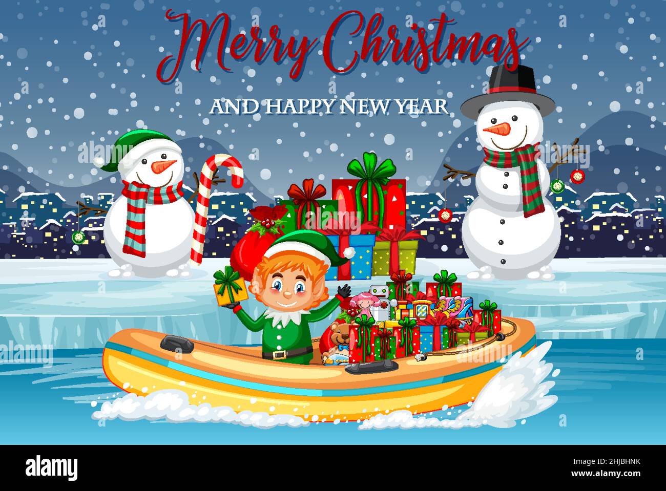 Merry Christmas poster with elf delivering gifts by boat illustration ...