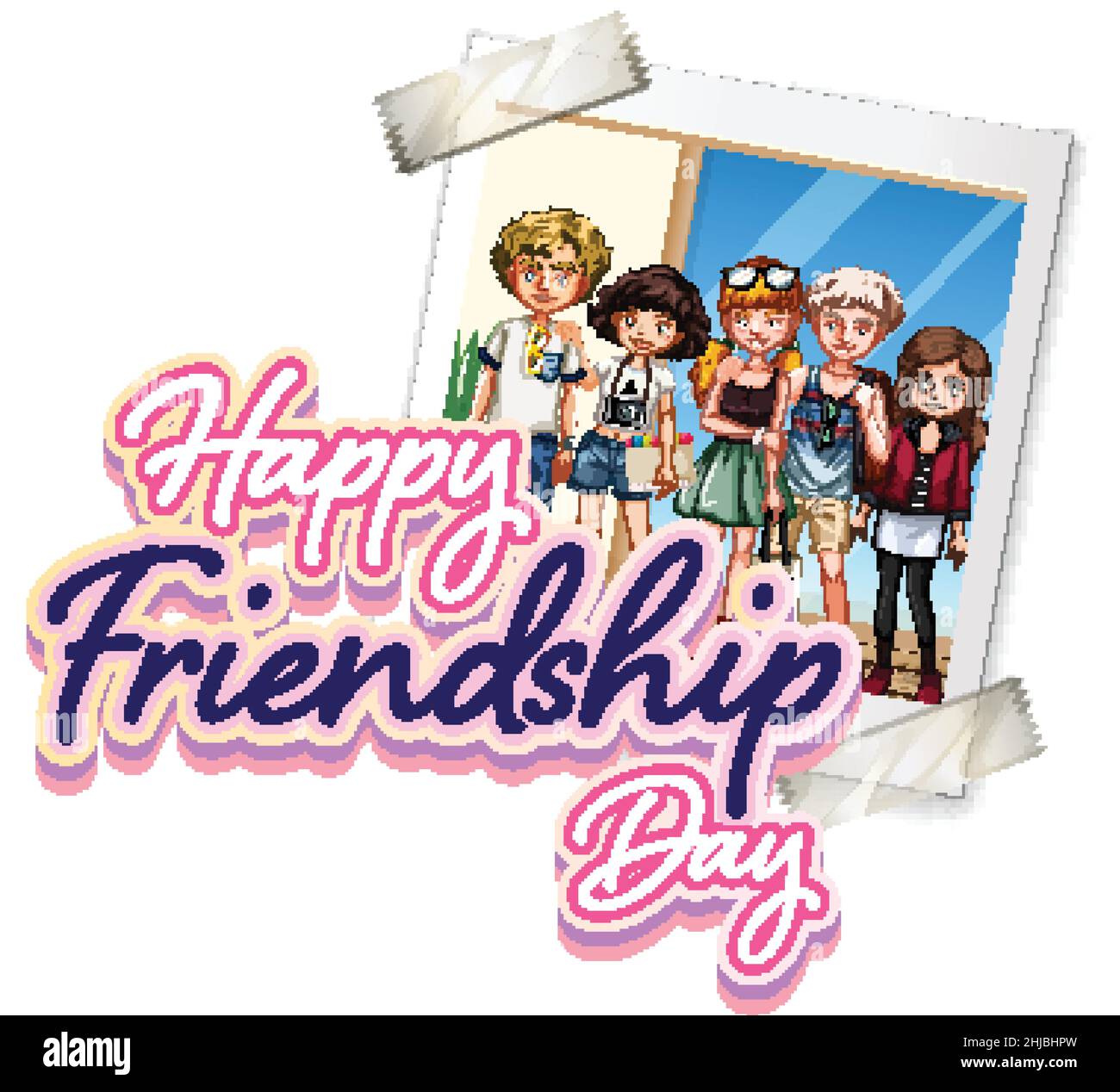 Happy Friendship Day logo with a photo of teenagers illustration Stock ...