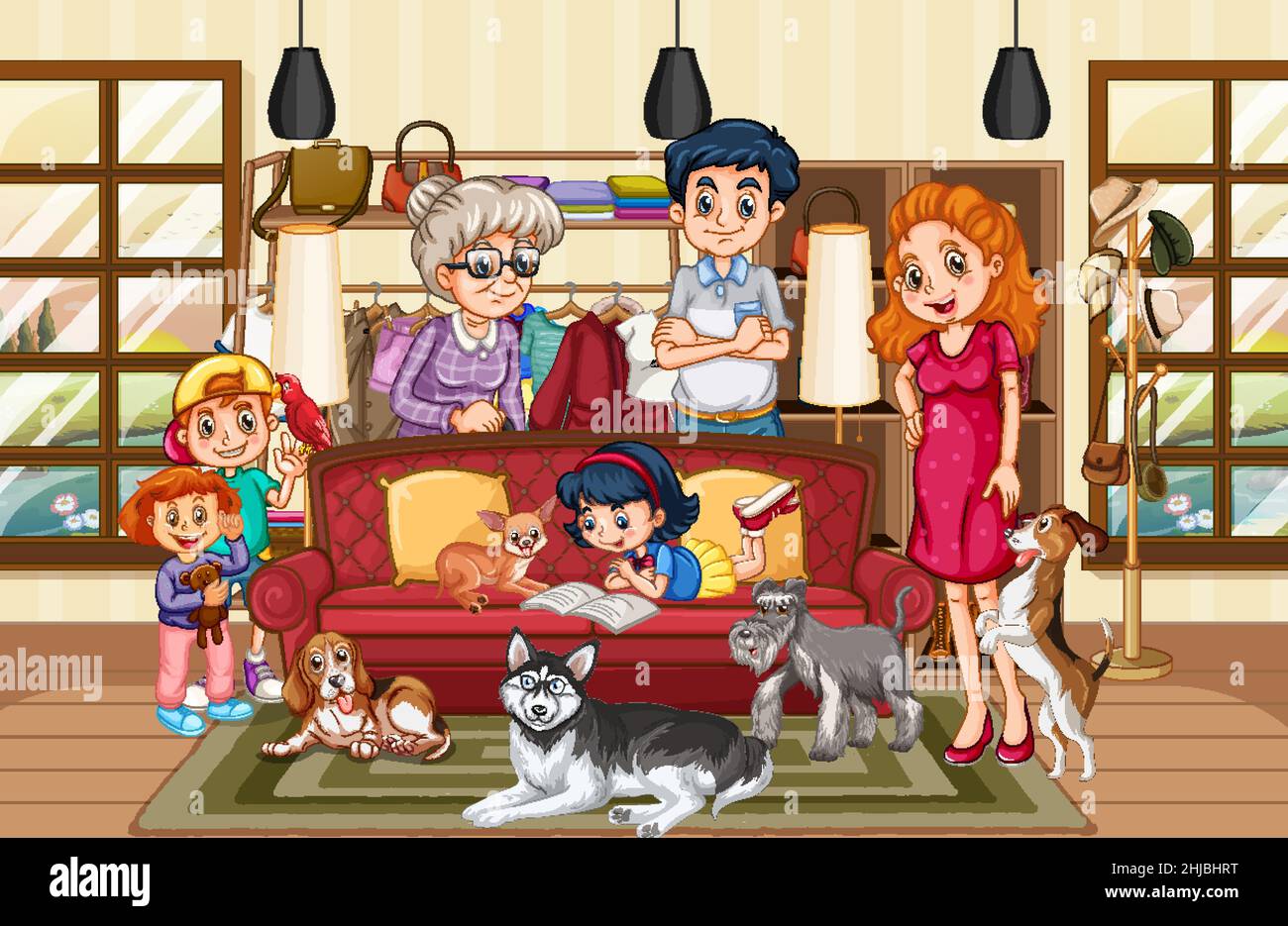 Happy family with their pet in the living room illustration Stock ...