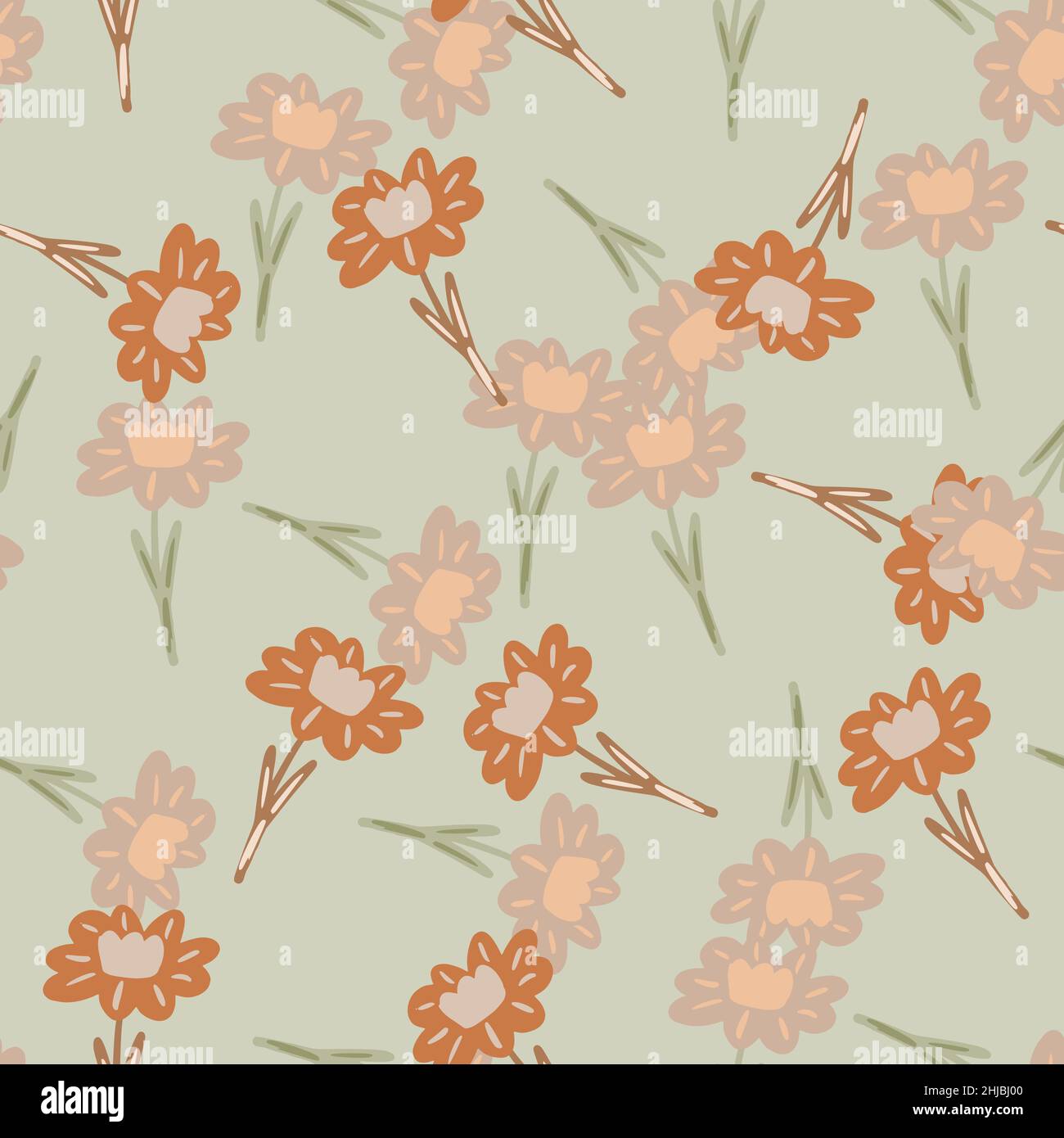 Botanic seamless pattern with random orange flowers print in doodle style. Grey background. Pale ...