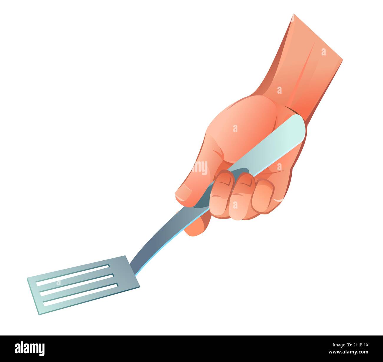Right hand with kitchen slotted spoon for cooking food. Object isolated ...
