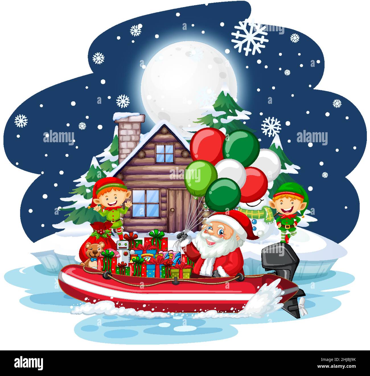 Snowy night with Santa Claus and gift boxes on a boat illustration ...