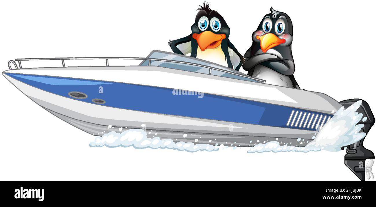 Penguins on a speed boat in cartoon style illustration Stock Vector ...