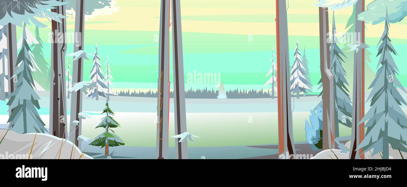 Winter trees. Snow frosty landscape. Beautiful Forest Panorama. Pine ...