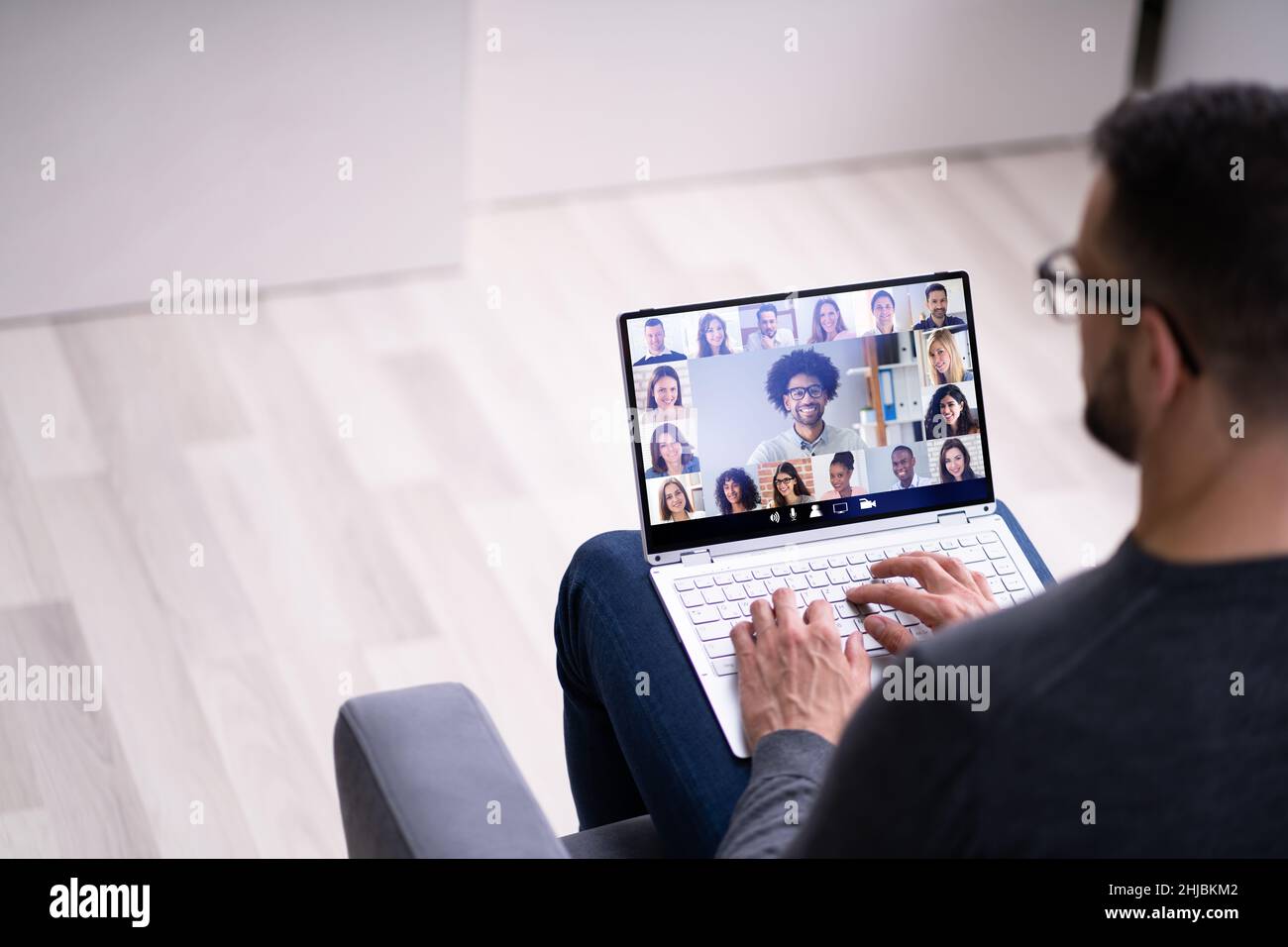 Virtual Online Video Conference Webinar Call On Laptop Computer Stock ...