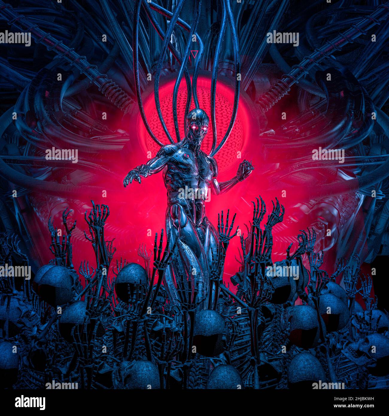 Cyborg raising the undead - 3D illustration of science fiction robotic ...