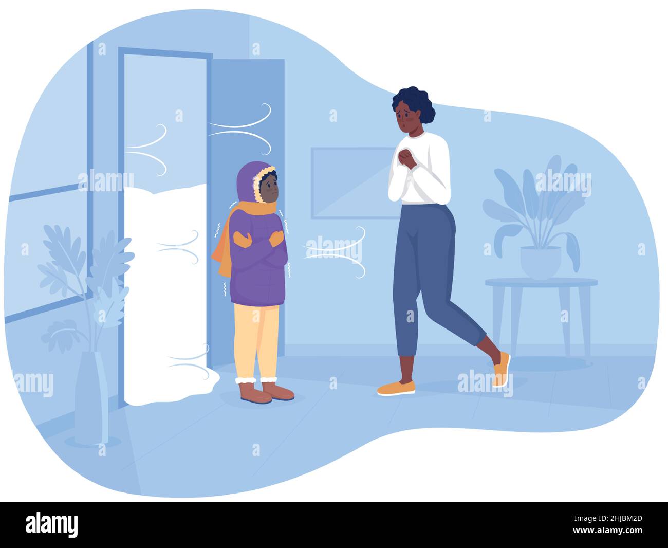 Freezing from cold weather 2D vector isolated illustration Stock Vector ...