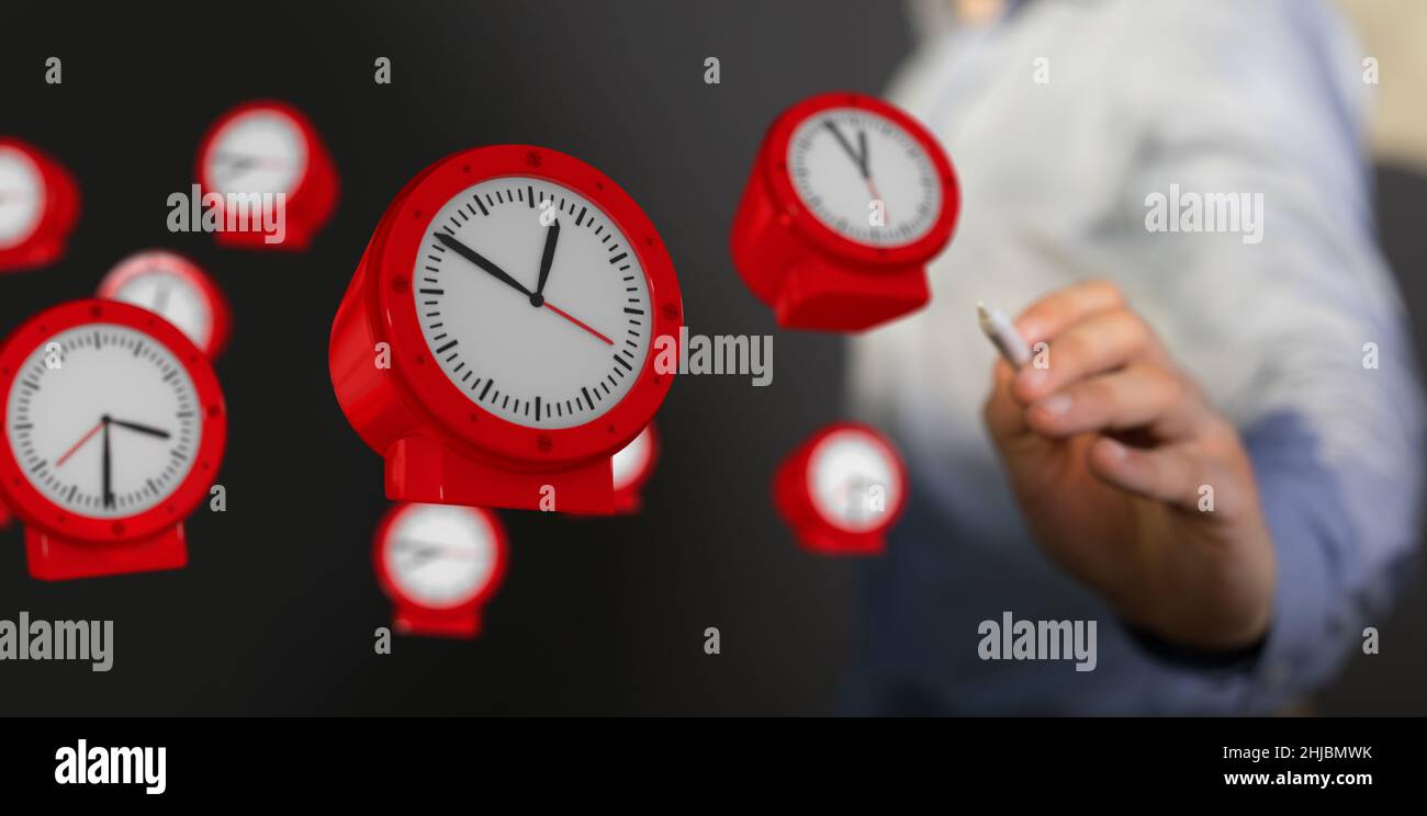 Illustration of alarm clocks floating in the air Stock Photo - Alamy