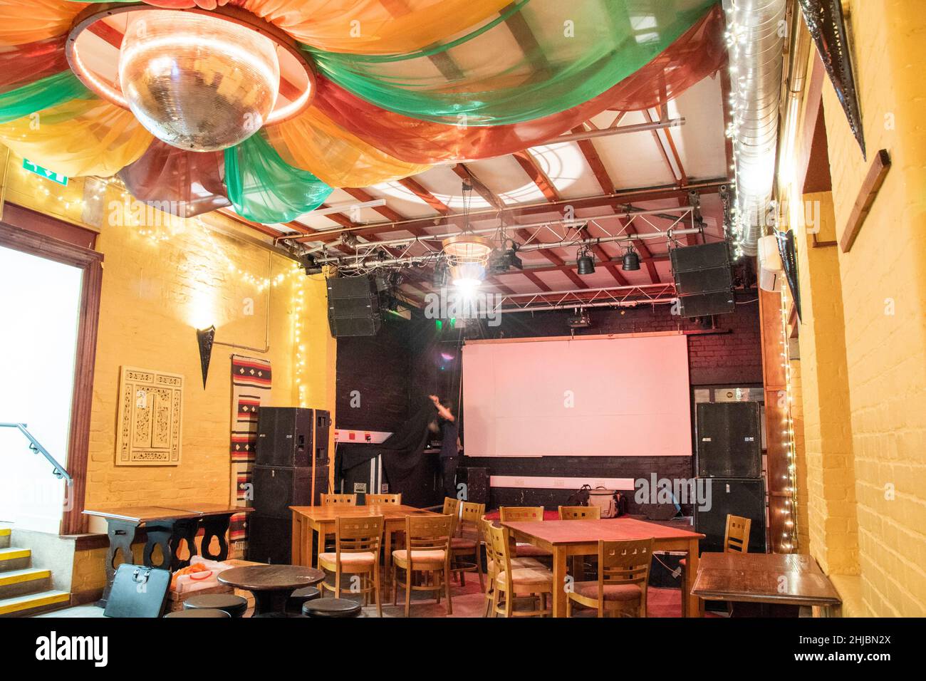 Sheffield, UK - June 22: A big screen and decorations as Yellow Arch Studios prepare to host an ...