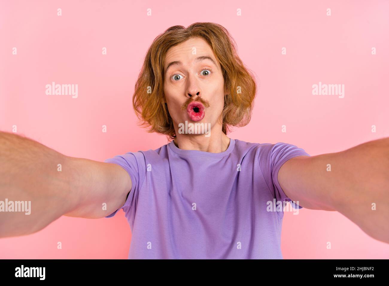 Self-portrait of attractive amazed stunned guy incredible news reaction ...