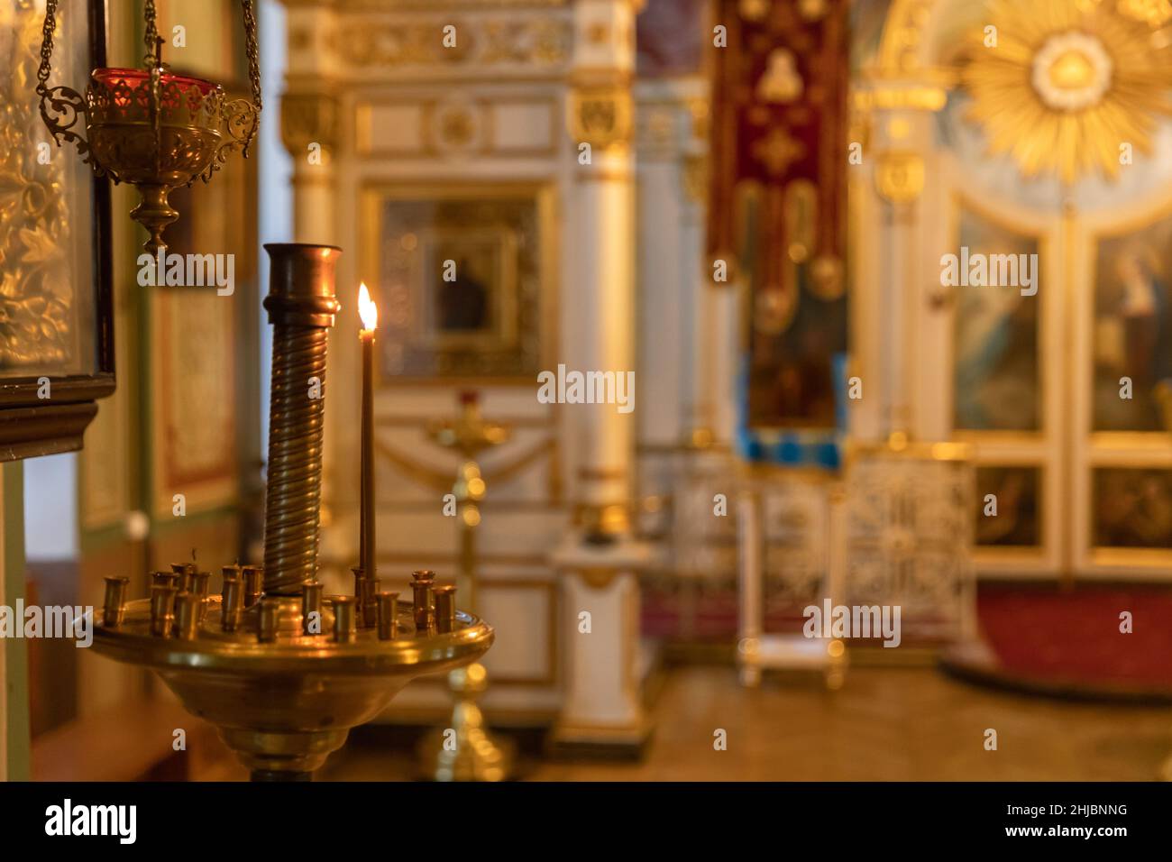 Orthodox Church. Christianity. Festive interior decoration with burning ...