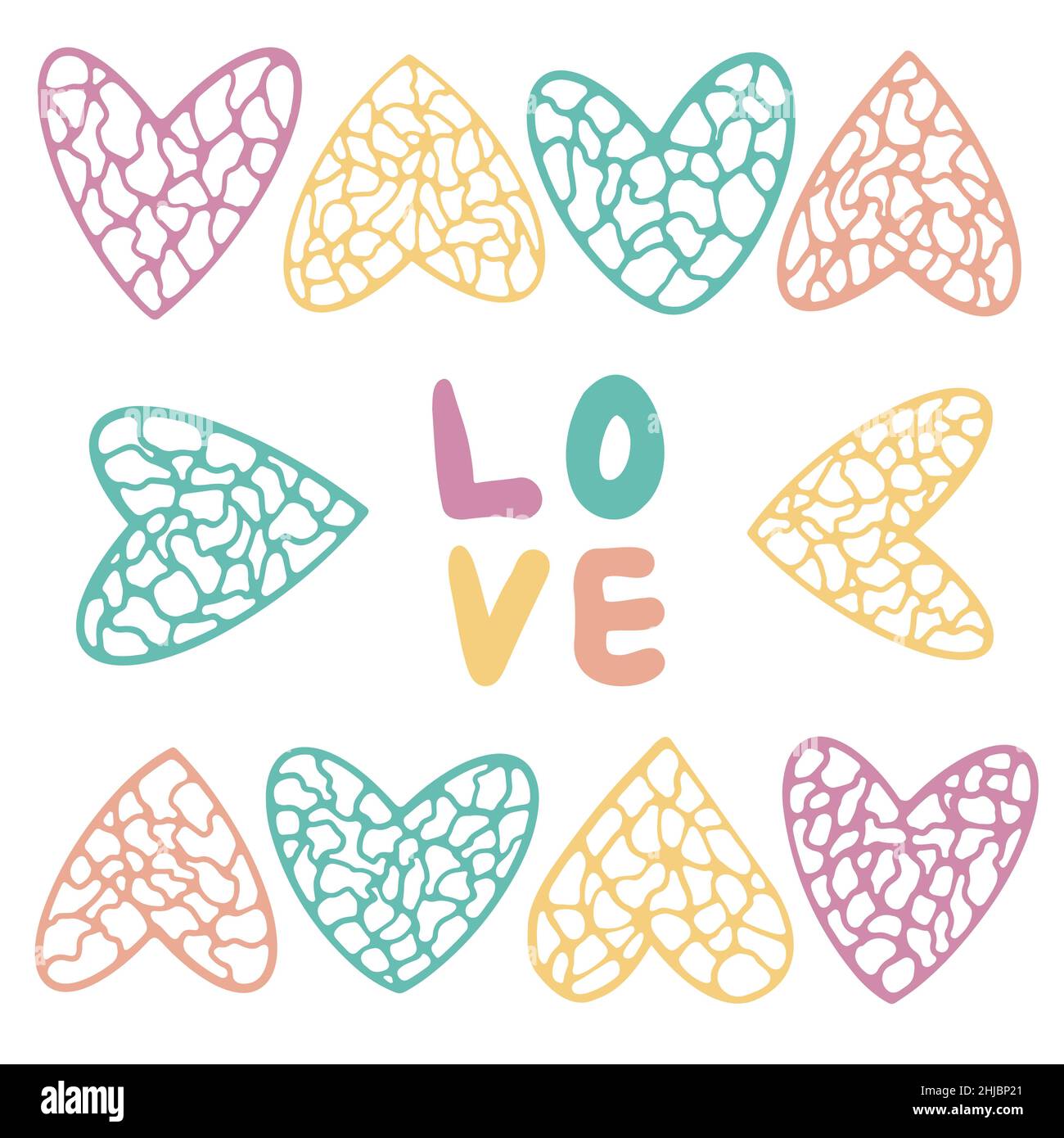 LOVE hand drawn lettering and set of abstract neurographic mosaic heart ...