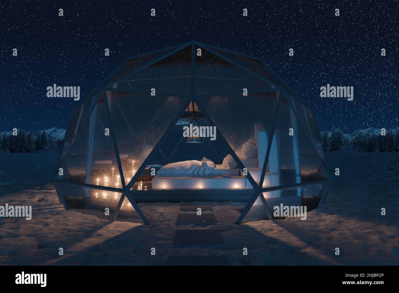 3d rendering of geodesic dome hut with glass panels in the starry night ...