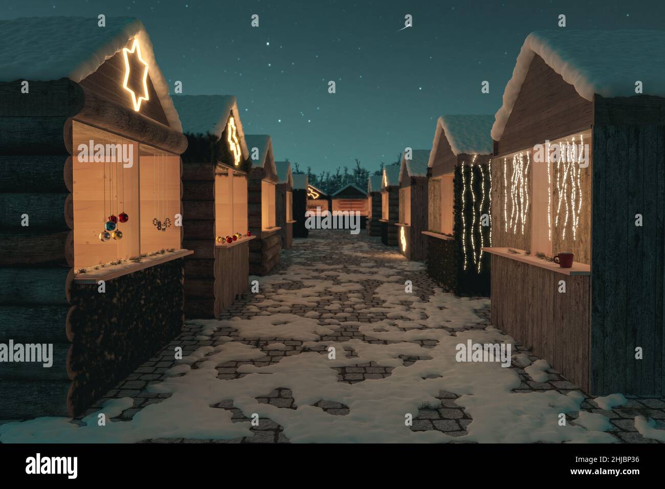 3d rendering of christmas market with different wooden huts covered by ...