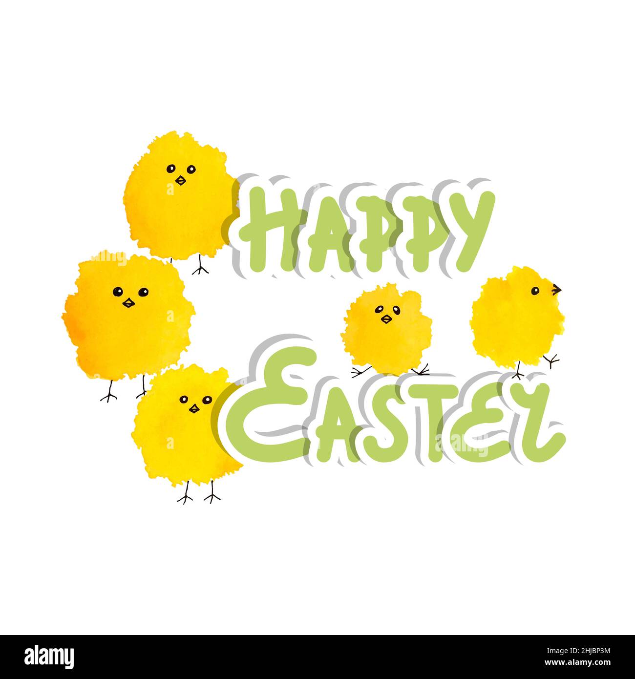 Happy Easter card chicks yellow watercolor and sticker lettering ...
