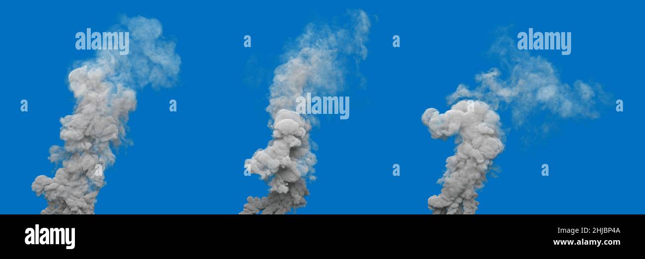 3 grey pollution smoke columns from forest fire on blue, isolated ...