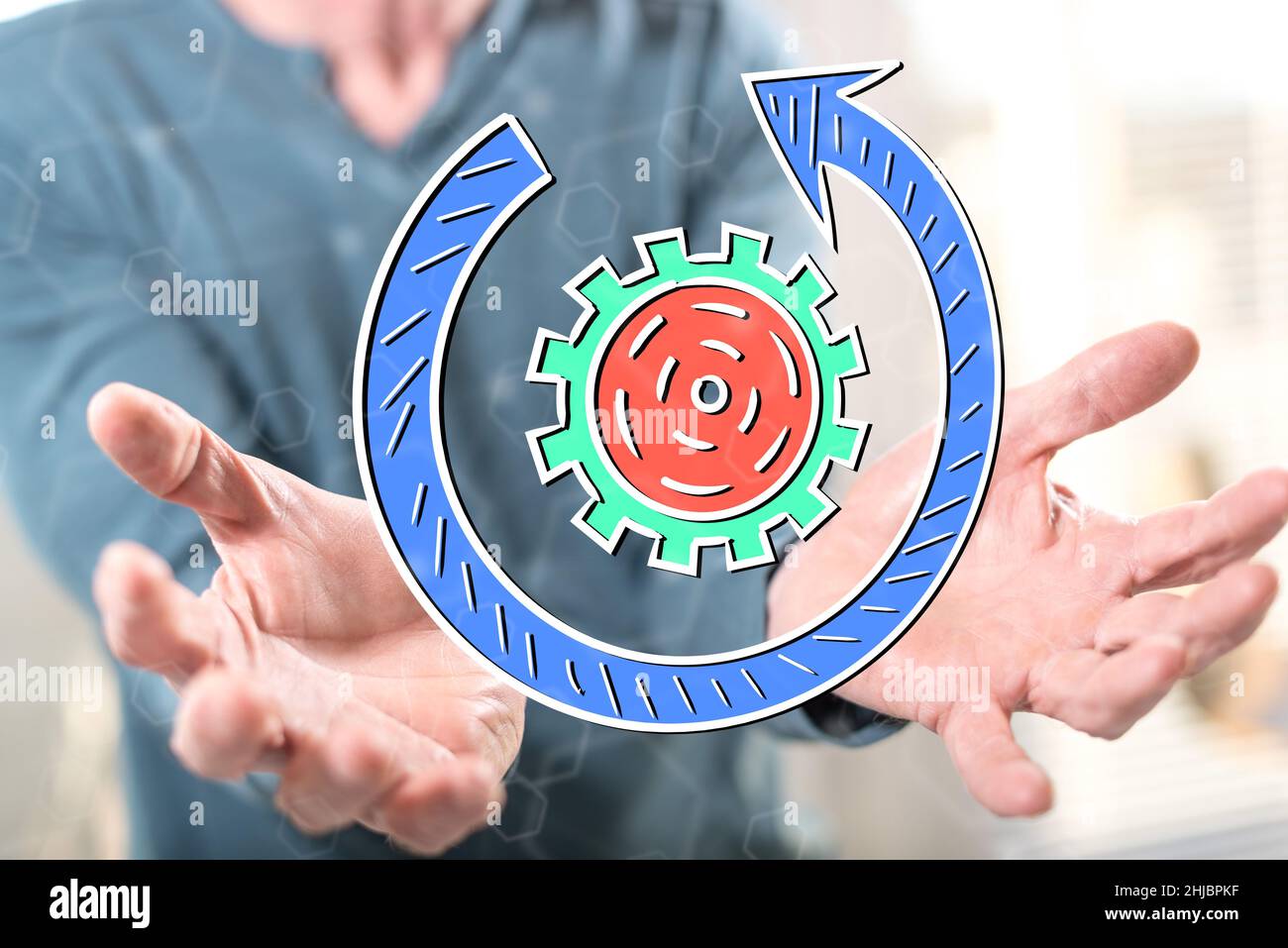 Upgrade concept above the hands of a man in background Stock Photo - Alamy