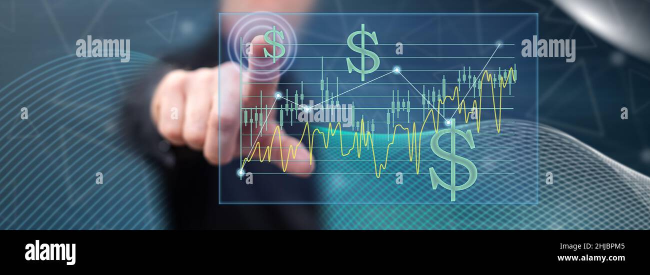 Man touching a stock exchange concept on a touch screen with his finger ...