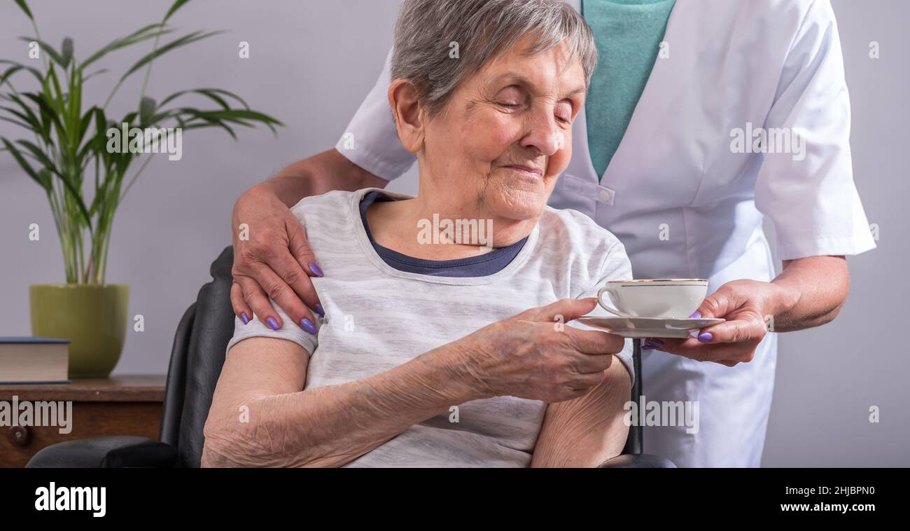 Woman giving tea older woman hi-res stock photography and images - Alamy