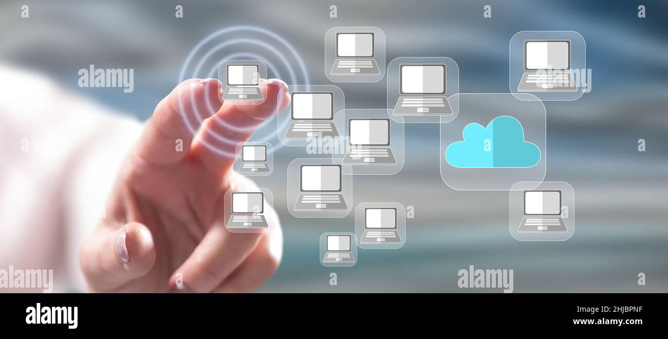 Woman touching a cloud computing concept on a touch screen with her ...