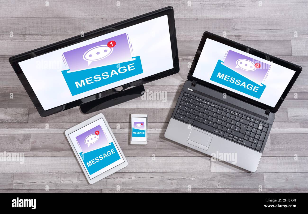 Message concept shown on different information technology devices Stock ...