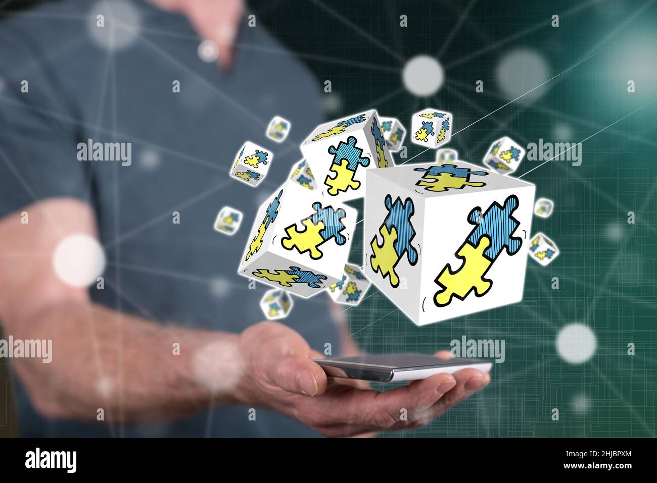 Teamwork concept above a smartphone held by a man in background Stock ...